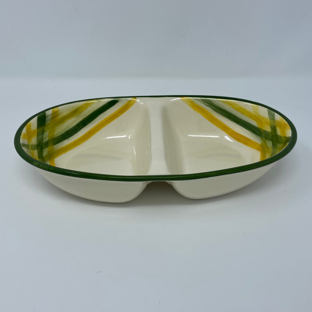 Vernonware Gingham Divided Vegetable Dish, Green and Yellow Plaid China ...
