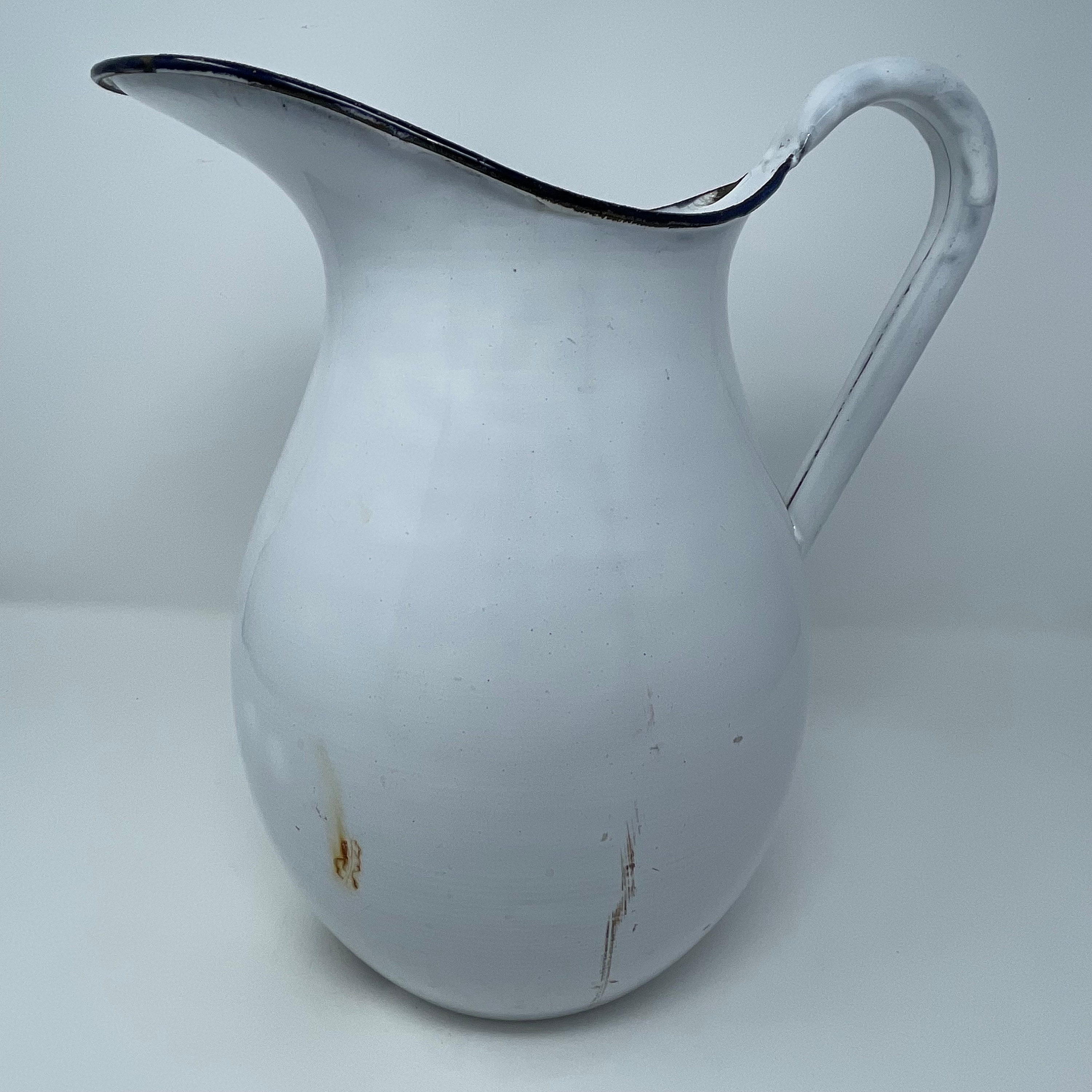 Large Antique Enamelware Pitcher, Vintage Enamelware Pitcher, White ...