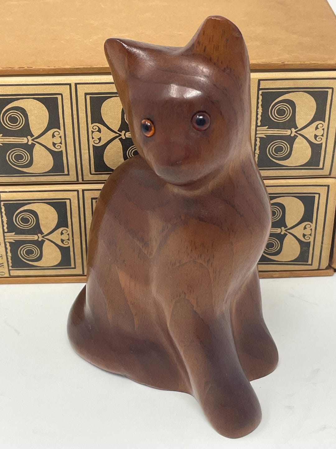 Hand Carved Wood Cat With Amber Glass Eyes - 1970s MCM Decor - Etsy