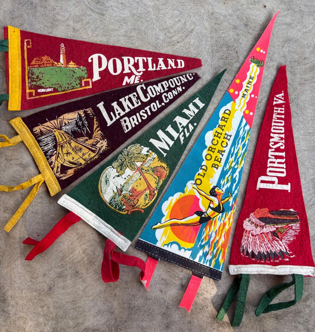 Vintage US Souvenir Pennants, 5 Choices. Miami, Florida; Portsmouth, VA ...