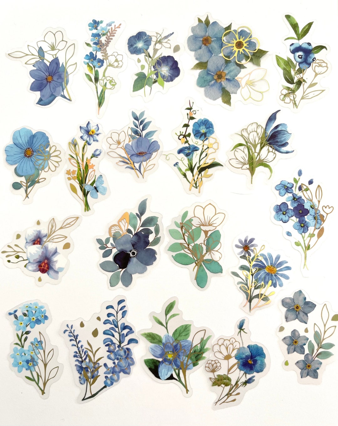 20 Blue Flower Stickers With Gold Accent Foil, Lavender, Peonies ...