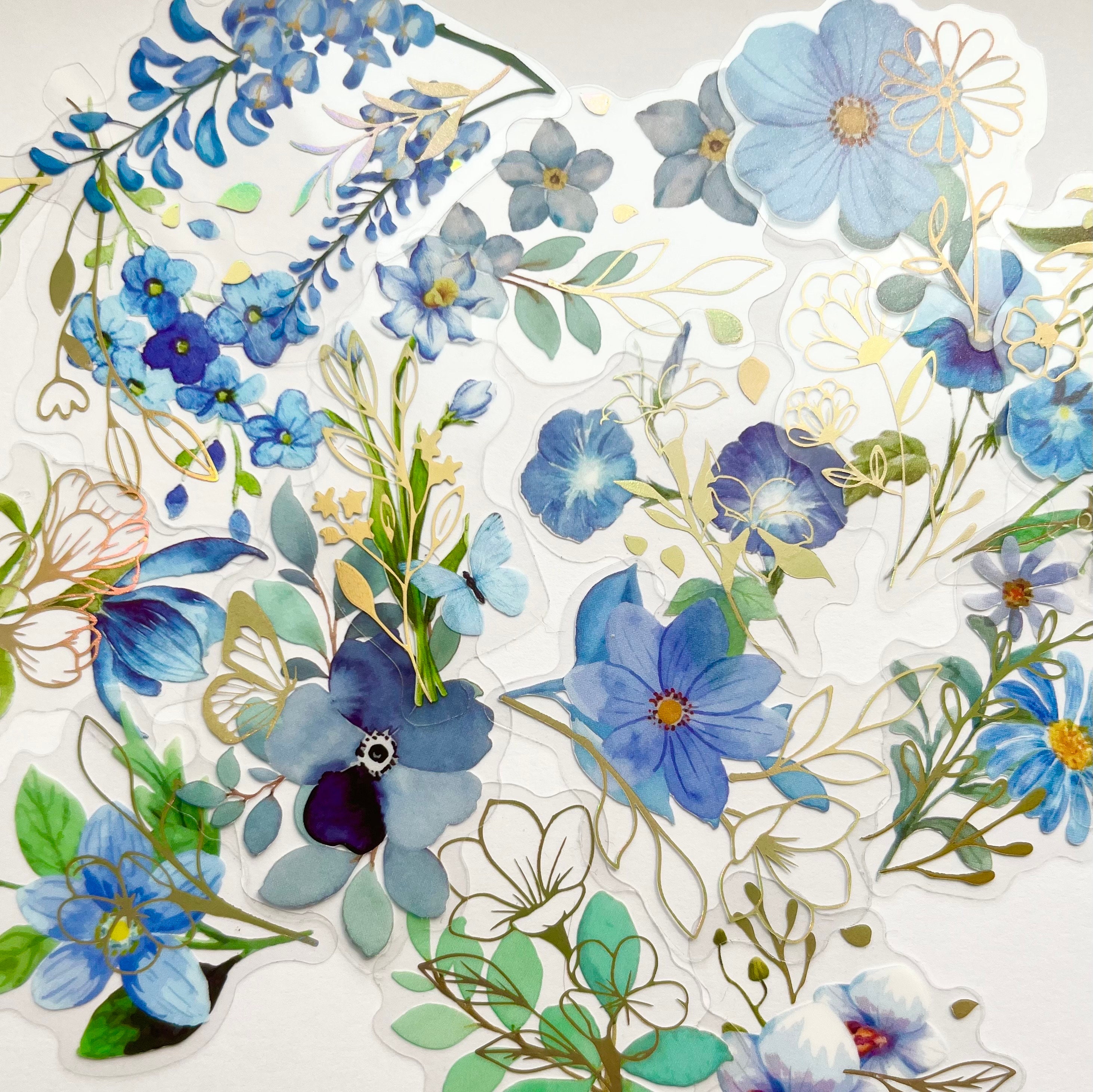 20 Blue Flower Stickers With Gold Accent Foil, Lavender, Peonies ...