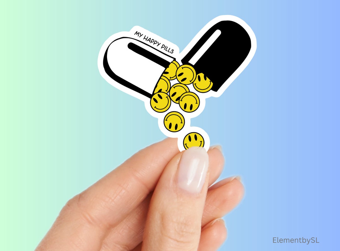 Yellow Happy Faces, My Happy Pill Sticker, Vinyl Waterproof Decorative ...