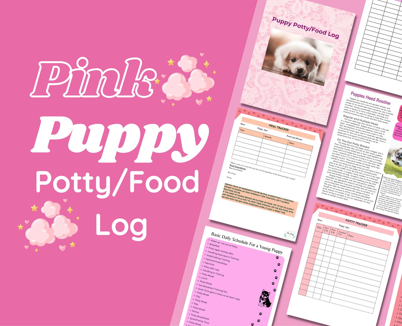 Pink Puppy Care Logs | Digital Puppy Care Planner | Printable Puppy ...