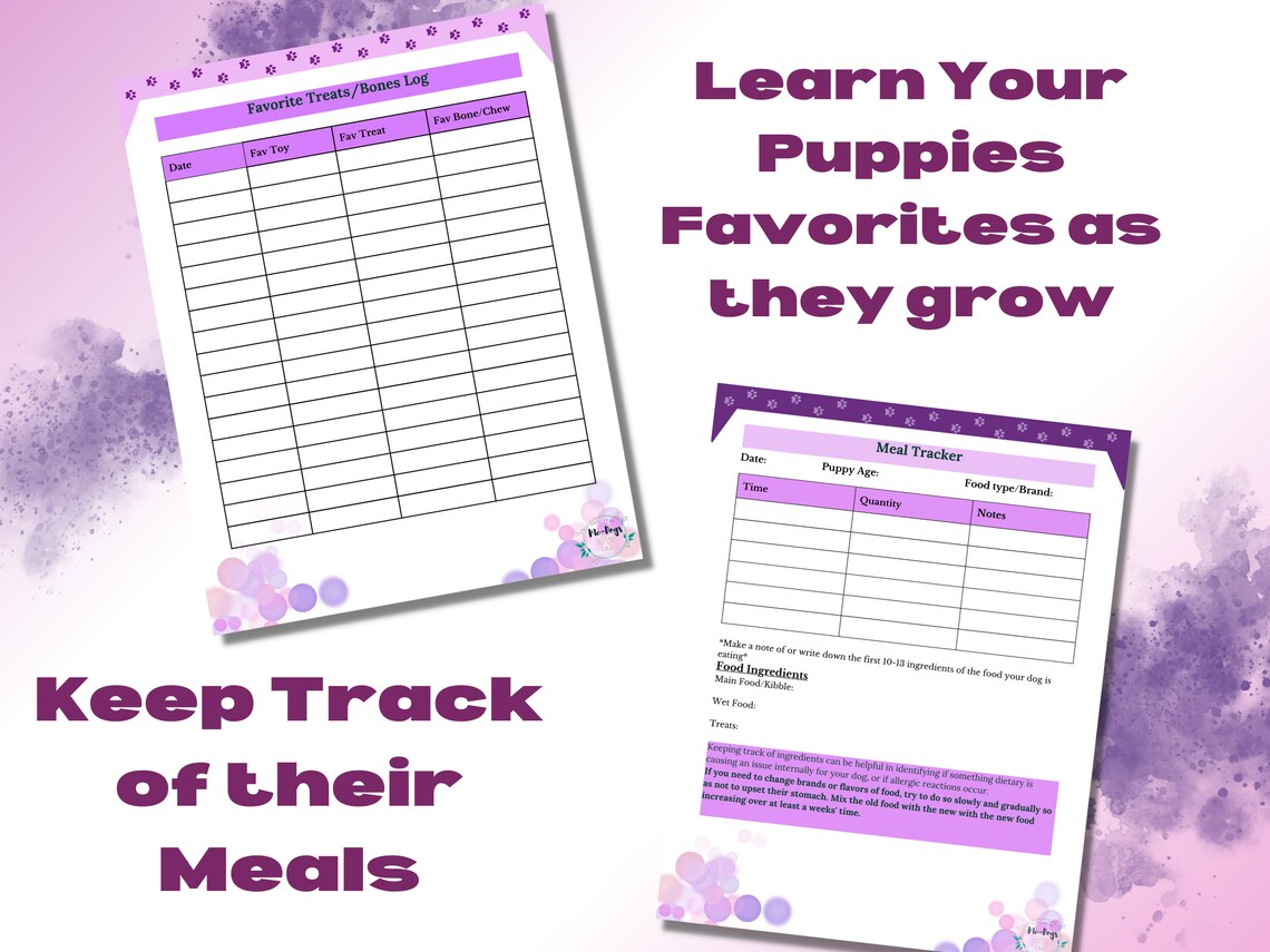 Purple Puppy Care Logs | Digital Puppy Care Planner | Printable Puppy ...