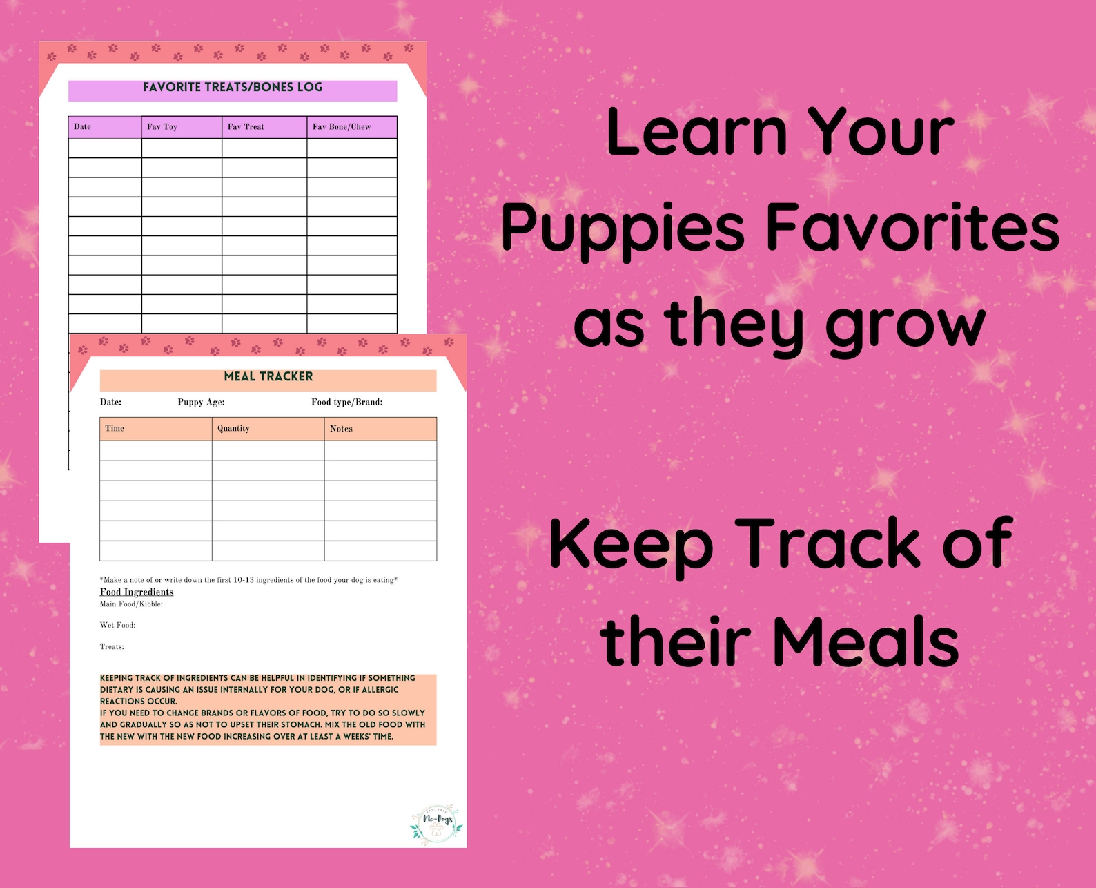 Pink Puppy Care Logs | Digital Puppy Care Planner | Printable Puppy ...