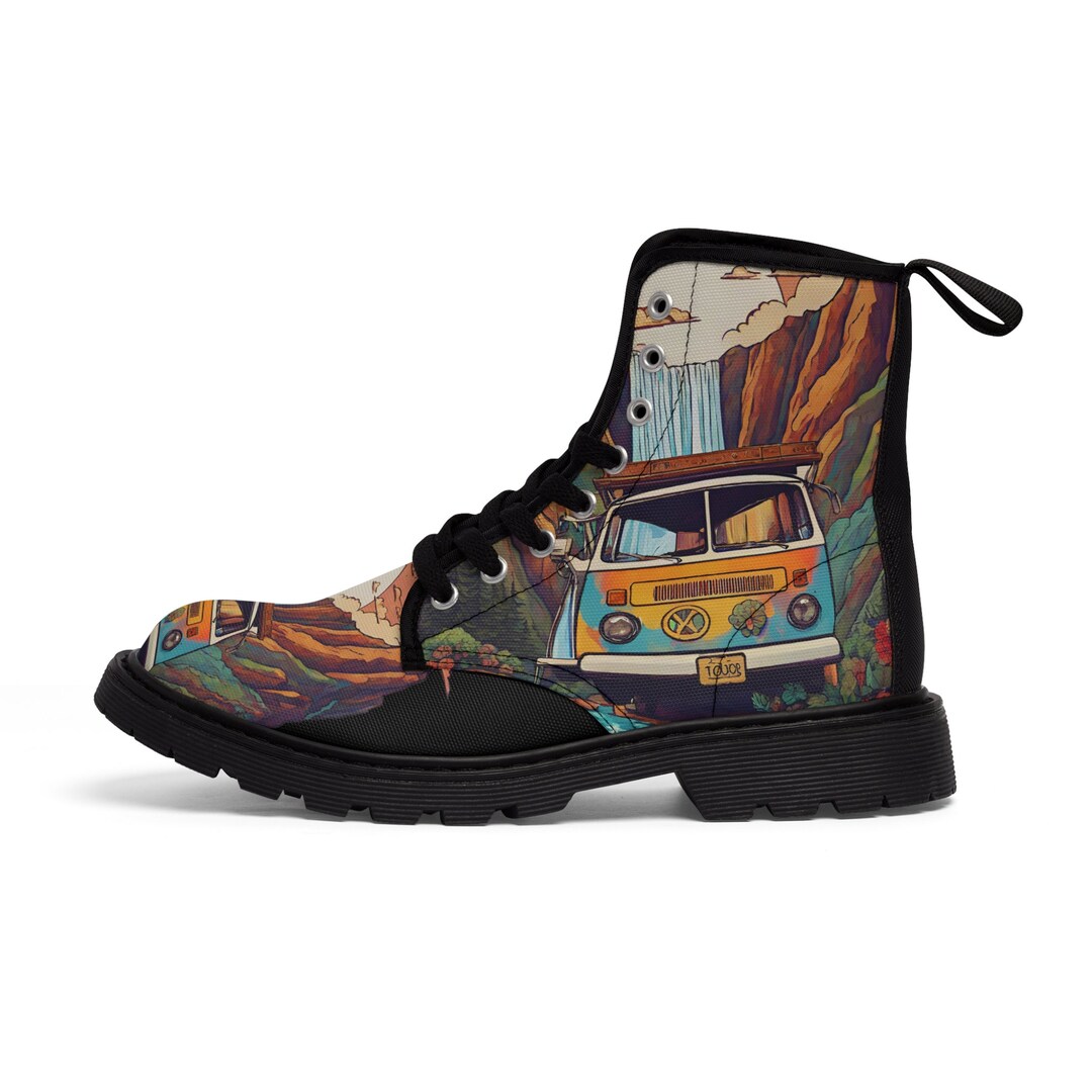 VW Bug and Scenic Mountains Canvas Boots, Hippie Van Boots, Hippie Art ...