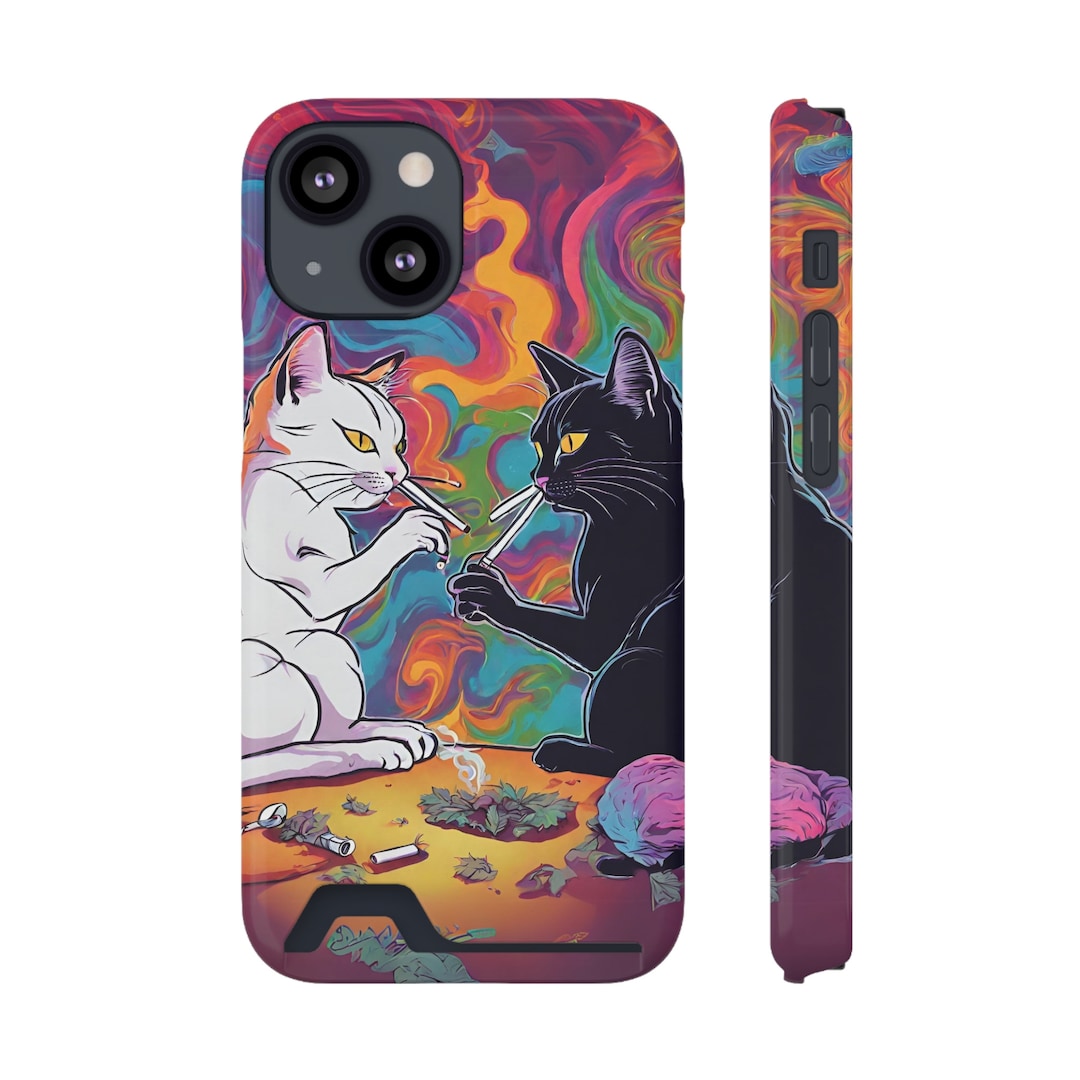 Stoner Cats Phone Case With Card Holder, Cats Smoking Weed Psychedelic ...