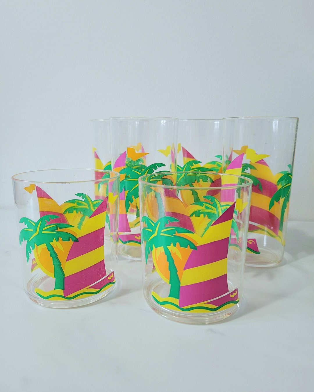 1990s Plastic Vintage Patio Tumblers Esso Promotion Palm Tree, Sailboat ...