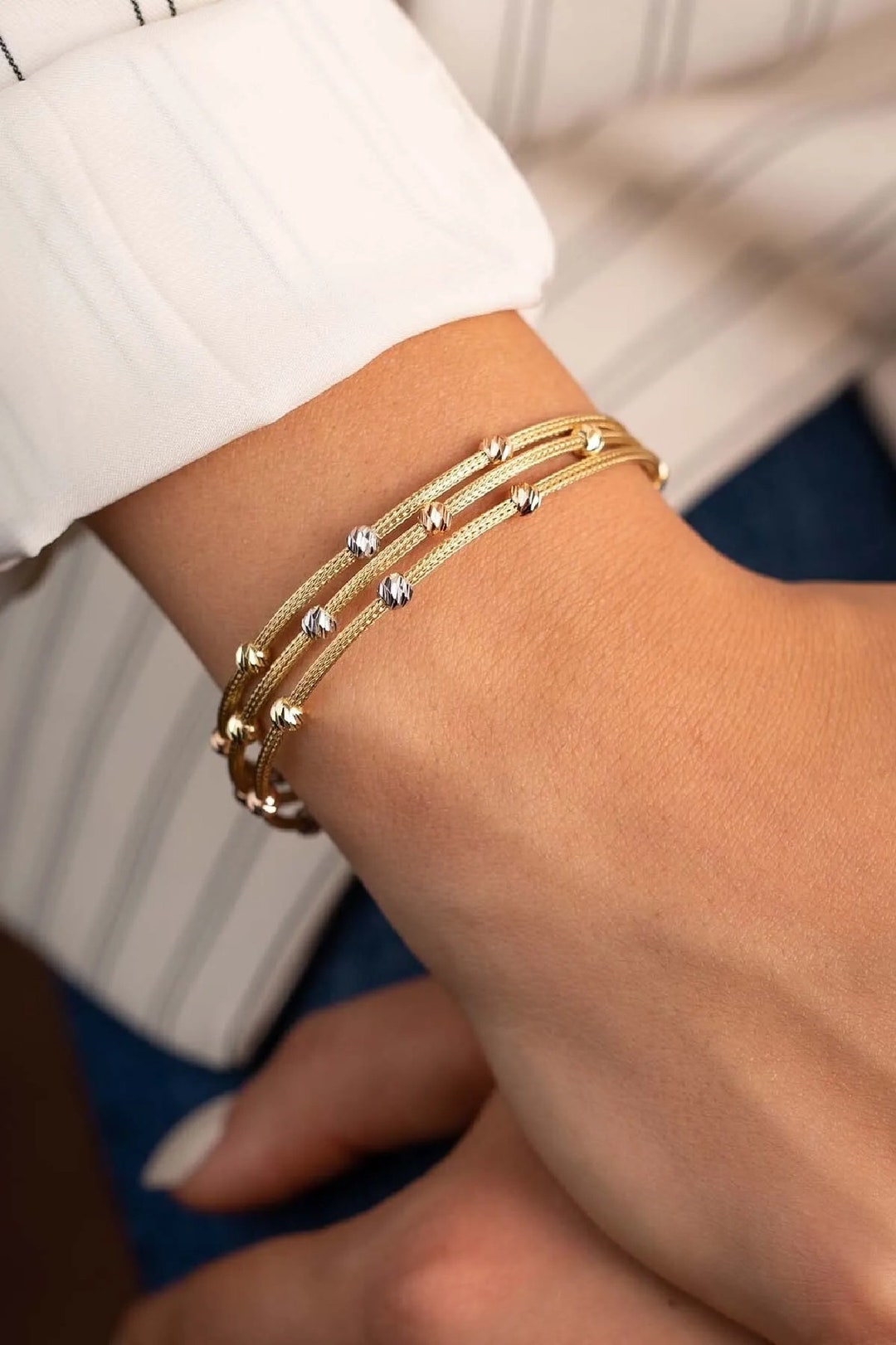 14K Real Gold Bracelet, Solid Gold Bracelet, Yellow Gold Beaded ...