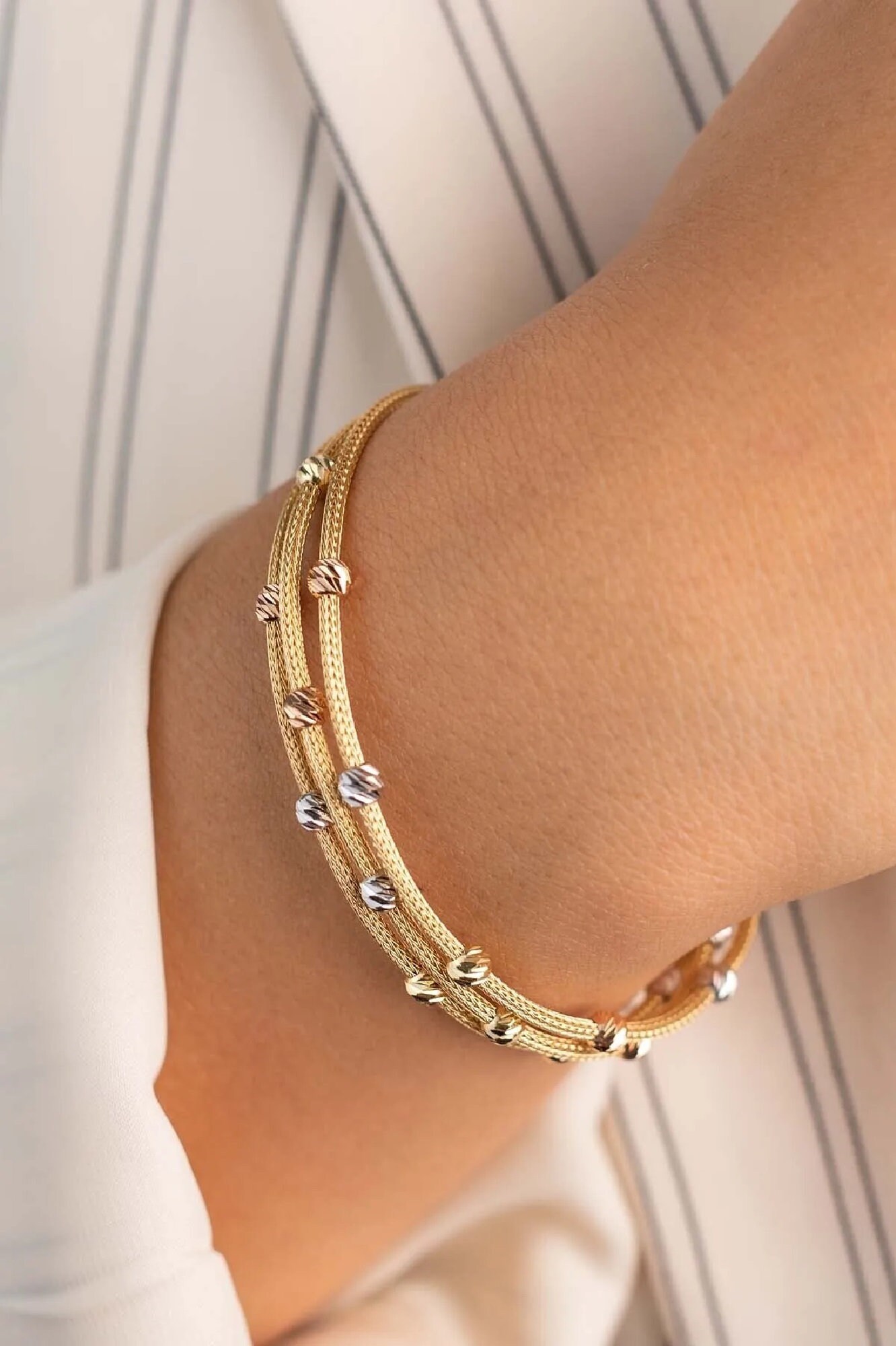 14K Real Gold Bracelet, Solid Gold Bracelet, Yellow Gold Beaded ...