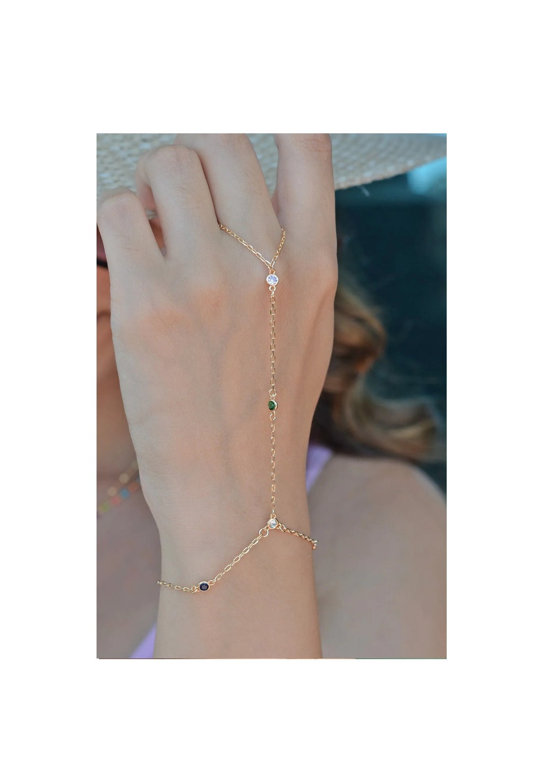 Stone Hand Chain Bracelet, Dainty Slave Bracelet, 18K Gold Plated Ring ...