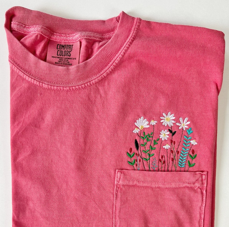 Comfort Colors Embroidered Wildflower Pocket T-shirt: Boho Floral Tee ...