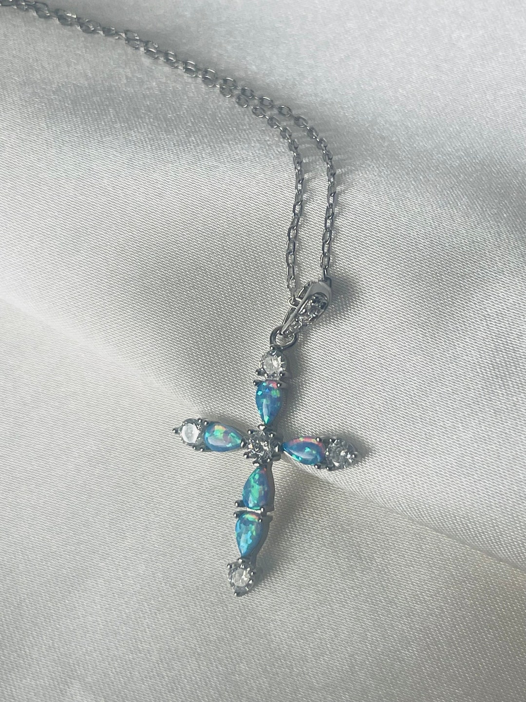 Opal Cross Necklace for Women Delicate Blue Opal Necklace Dainty Cross ...