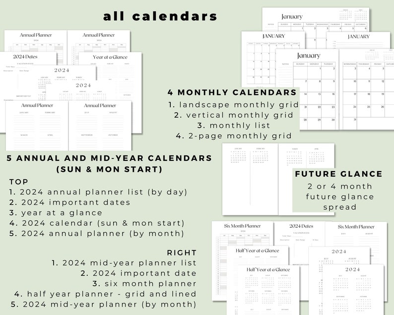 2024 MID YEAR Calendar Bundle, Sunday and Monday Start July December ...