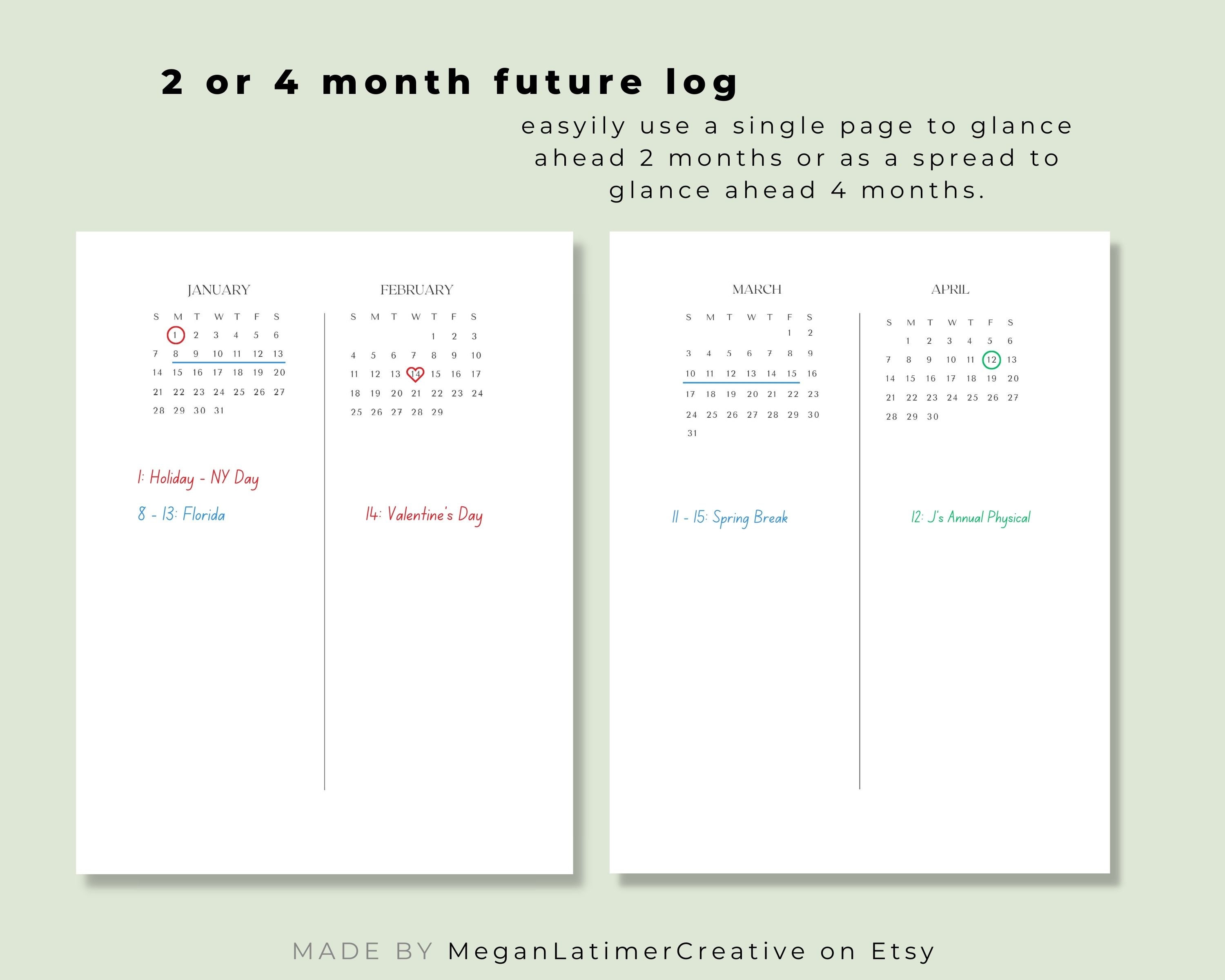 2024 Future Log Calendar Printable, 4 Month Glance, 2 Month Glance ...
