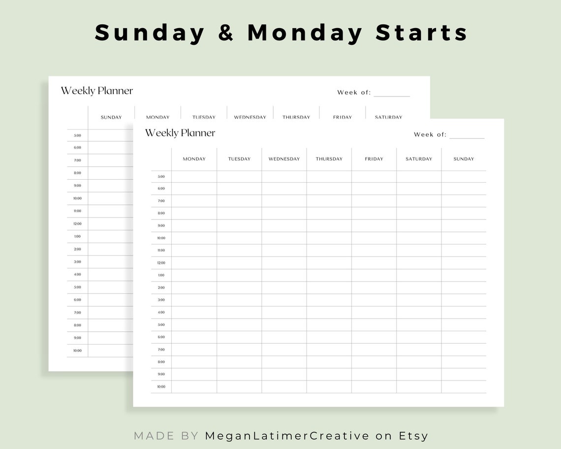 Hourly Weekly Schedule Landscape, Sunday & Monday Start, Weekly Planner ...