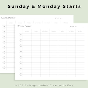 Hourly Weekly Schedule Landscape, Sunday & Monday Start, Weekly Planner ...