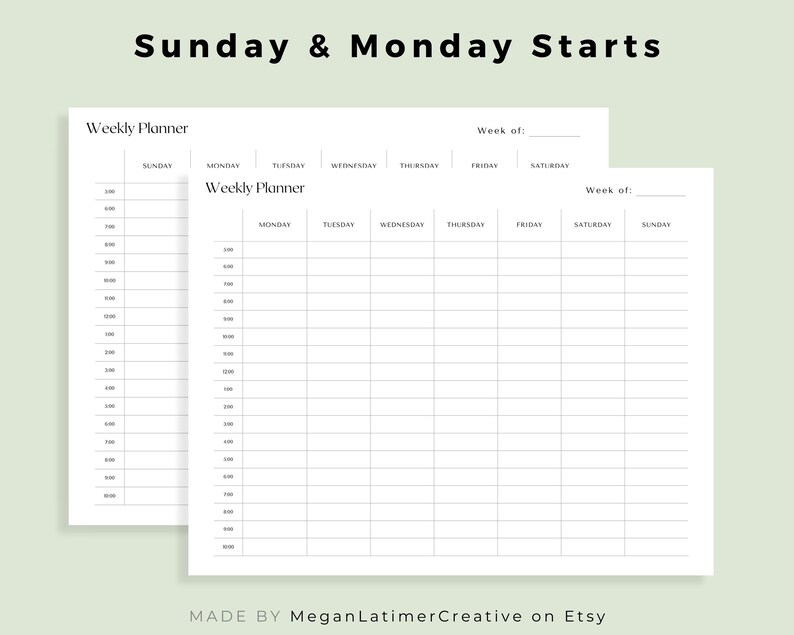 Hourly Weekly Schedule Landscape, Sunday & Monday Start, Weekly Planner ...