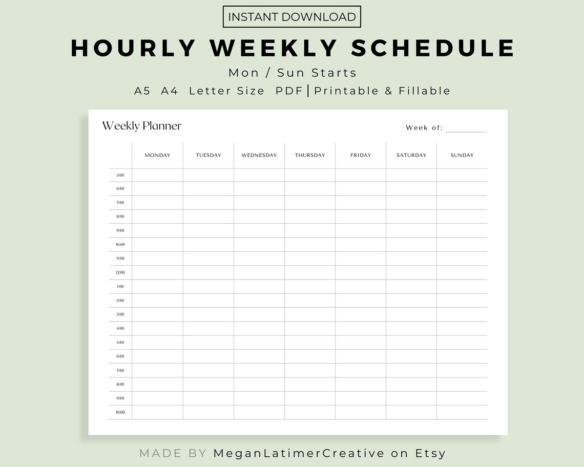 Hourly Weekly Schedule Landscape, Sunday & Monday Start, Weekly Planner ...