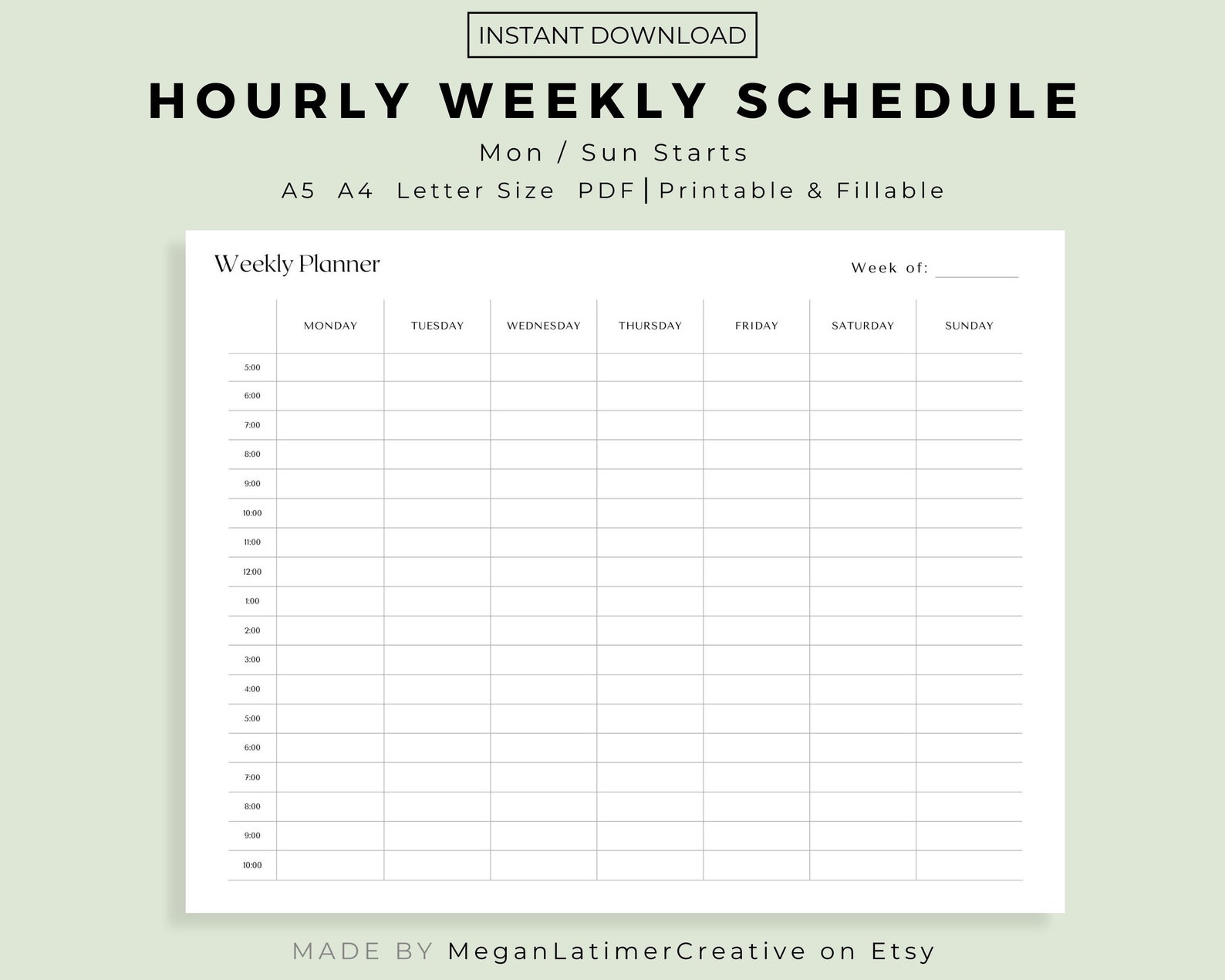 Hourly Weekly Schedule Landscape, Sunday & Monday Start, Weekly Planner ...