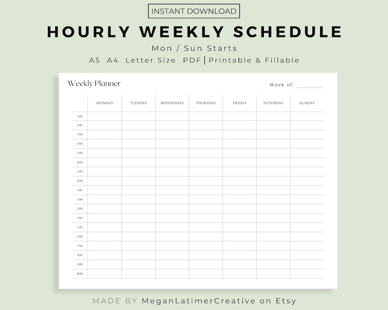 Hourly Weekly Schedule Landscape, Sunday & Monday Start, Weekly Planner ...