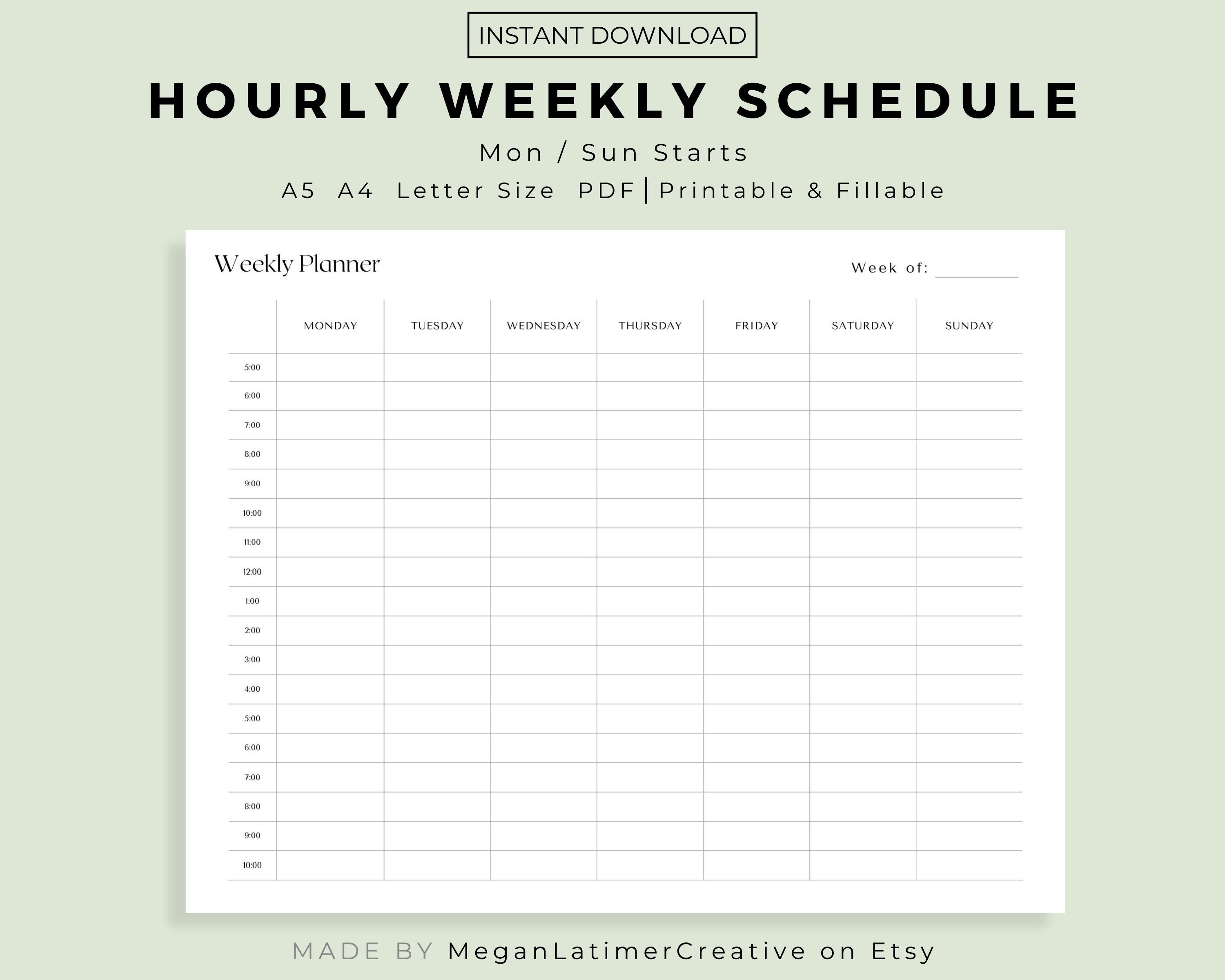 Hourly Weekly Schedule Landscape, Sunday & Monday Start, Weekly Planner ...