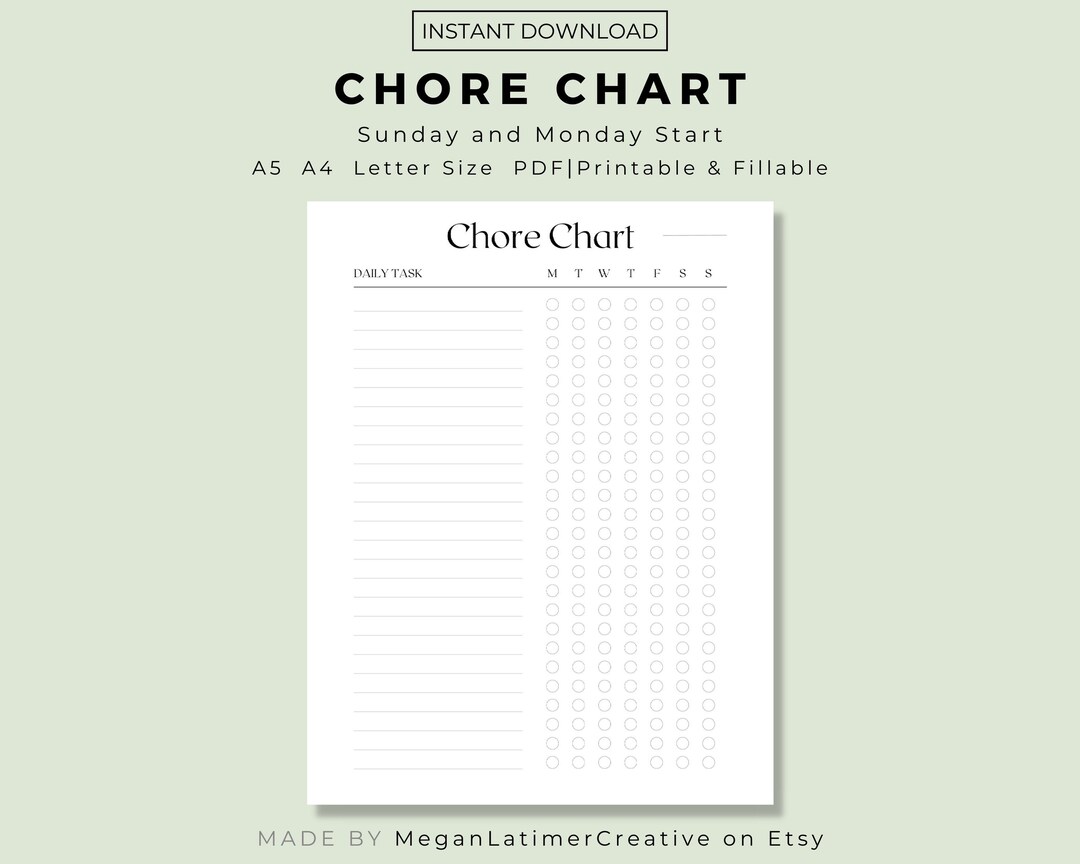 Chore Chart Printable, Family Chore Chart, Daily Chores, Weekly Chore ...
