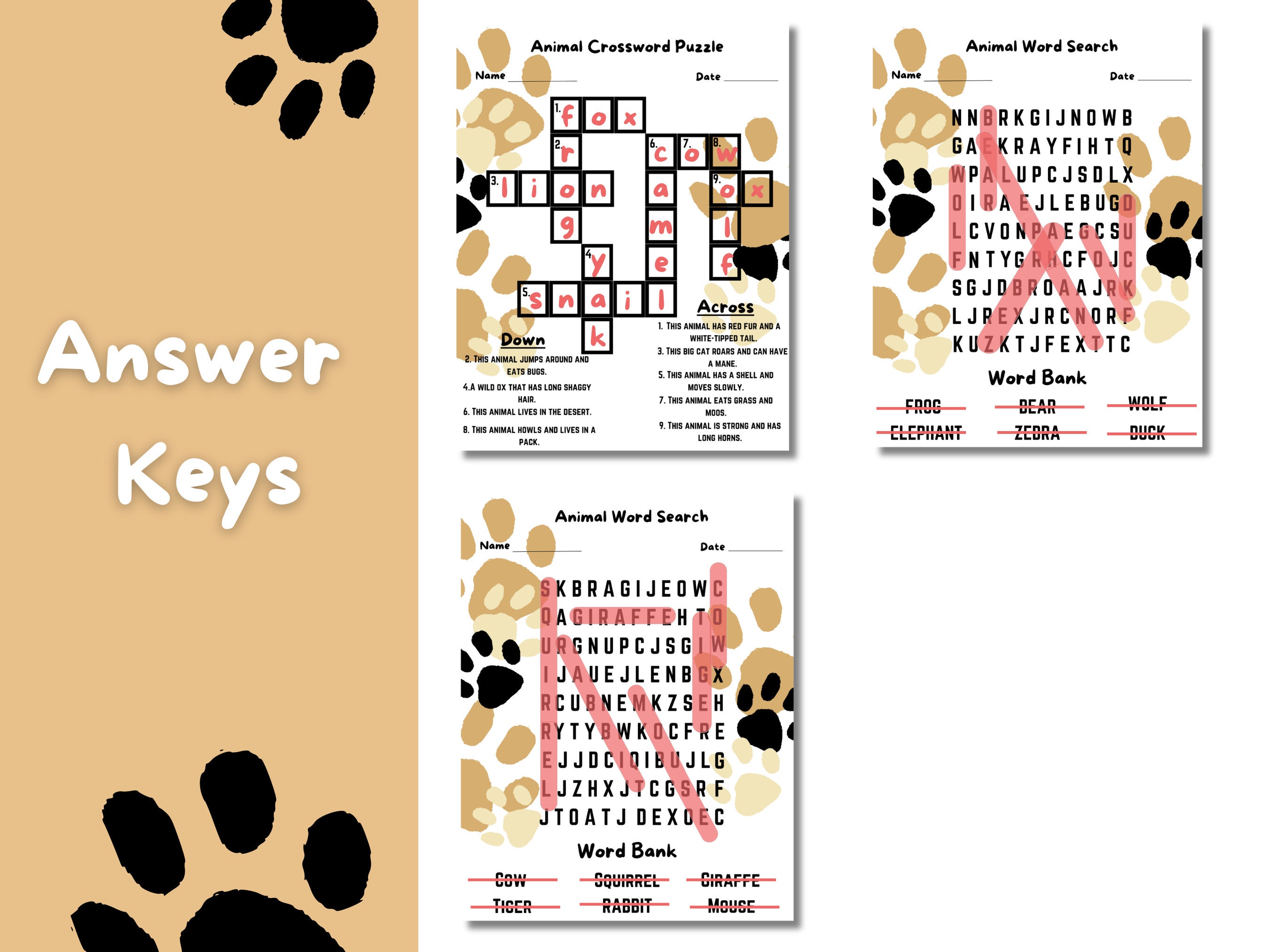 Printable Animal Crossword Puzzle and Animal Word Search / Learning ...
