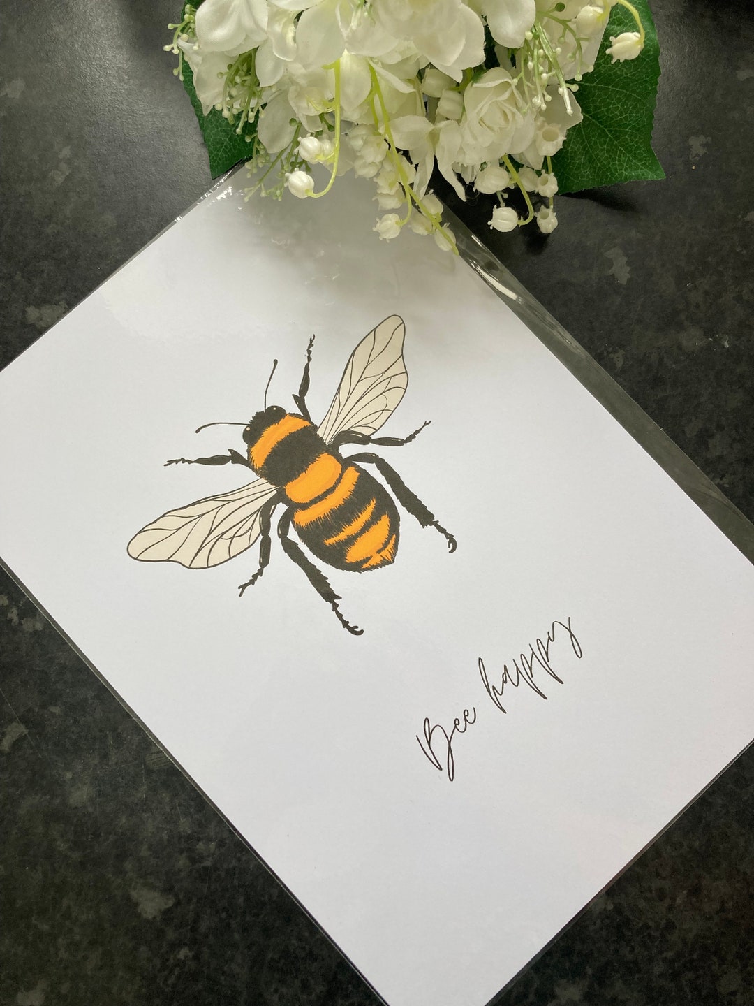 Bee Happy A4 Print, Bumble Bee, Home Decor, Wall Art, Colour or Black ...