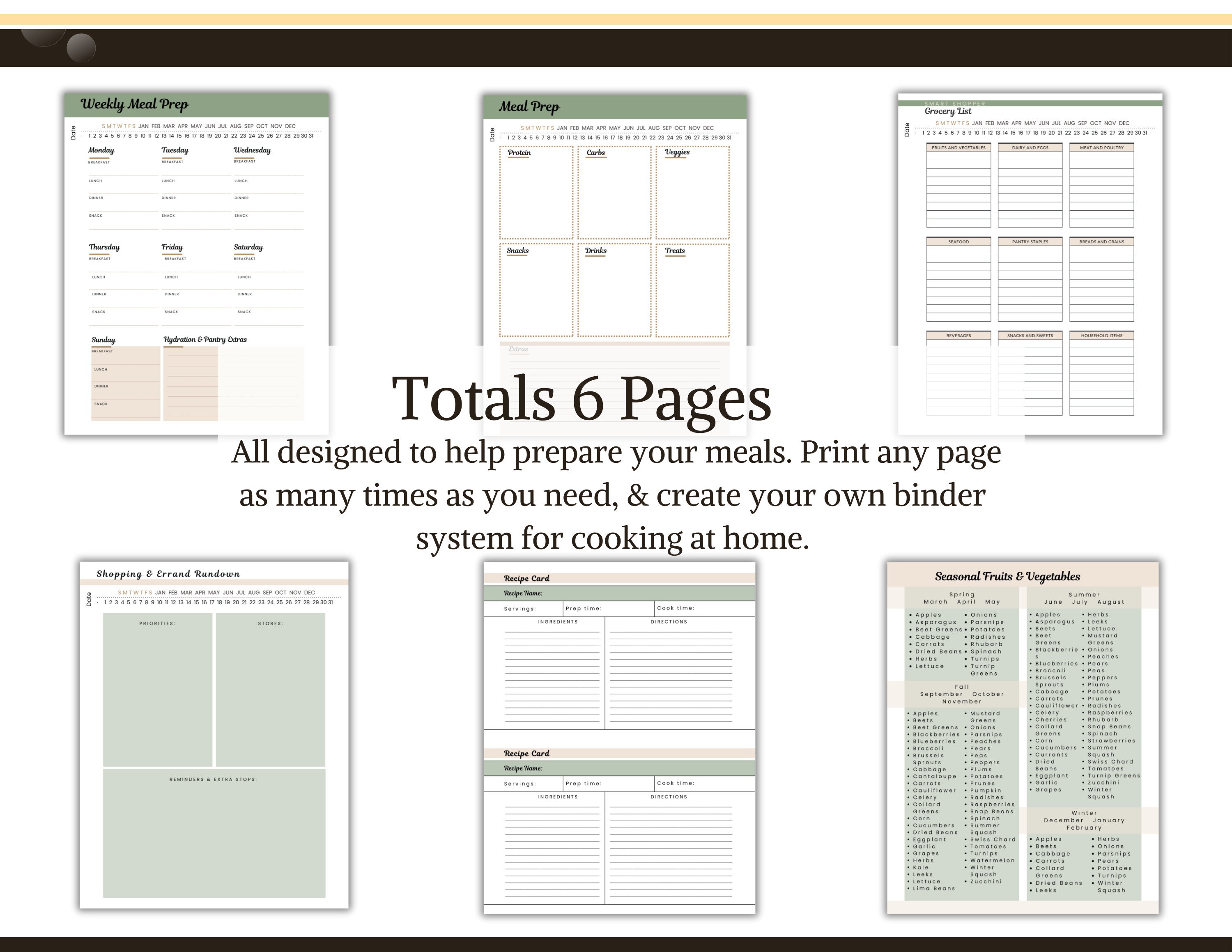 Weekly Meal Prep Planner, Grocery List, Recipe Cards, & Seasonal ...