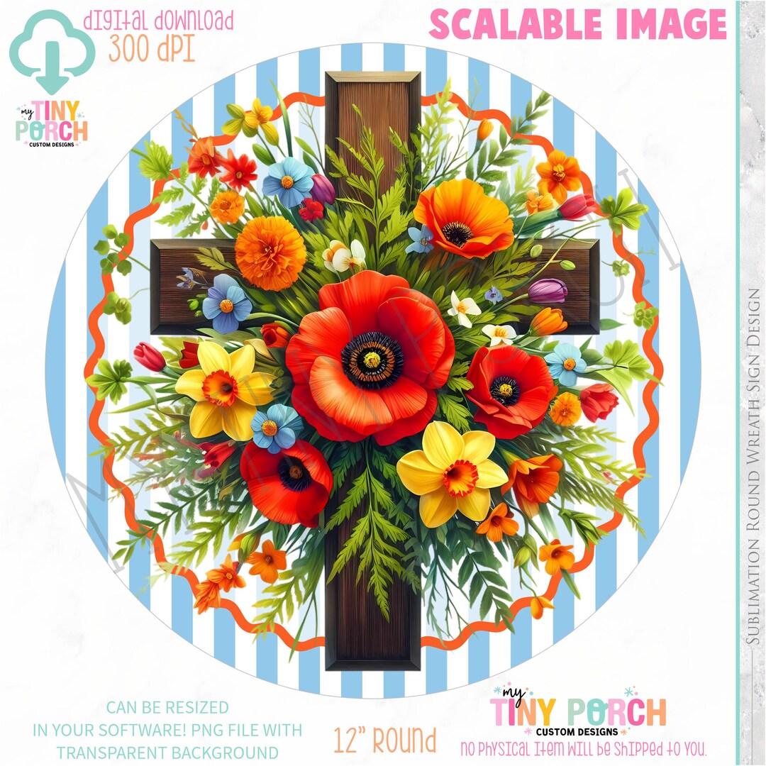 Religious Easter Cross Wreath Sign PNG: 12" Wreath Design (digital ...