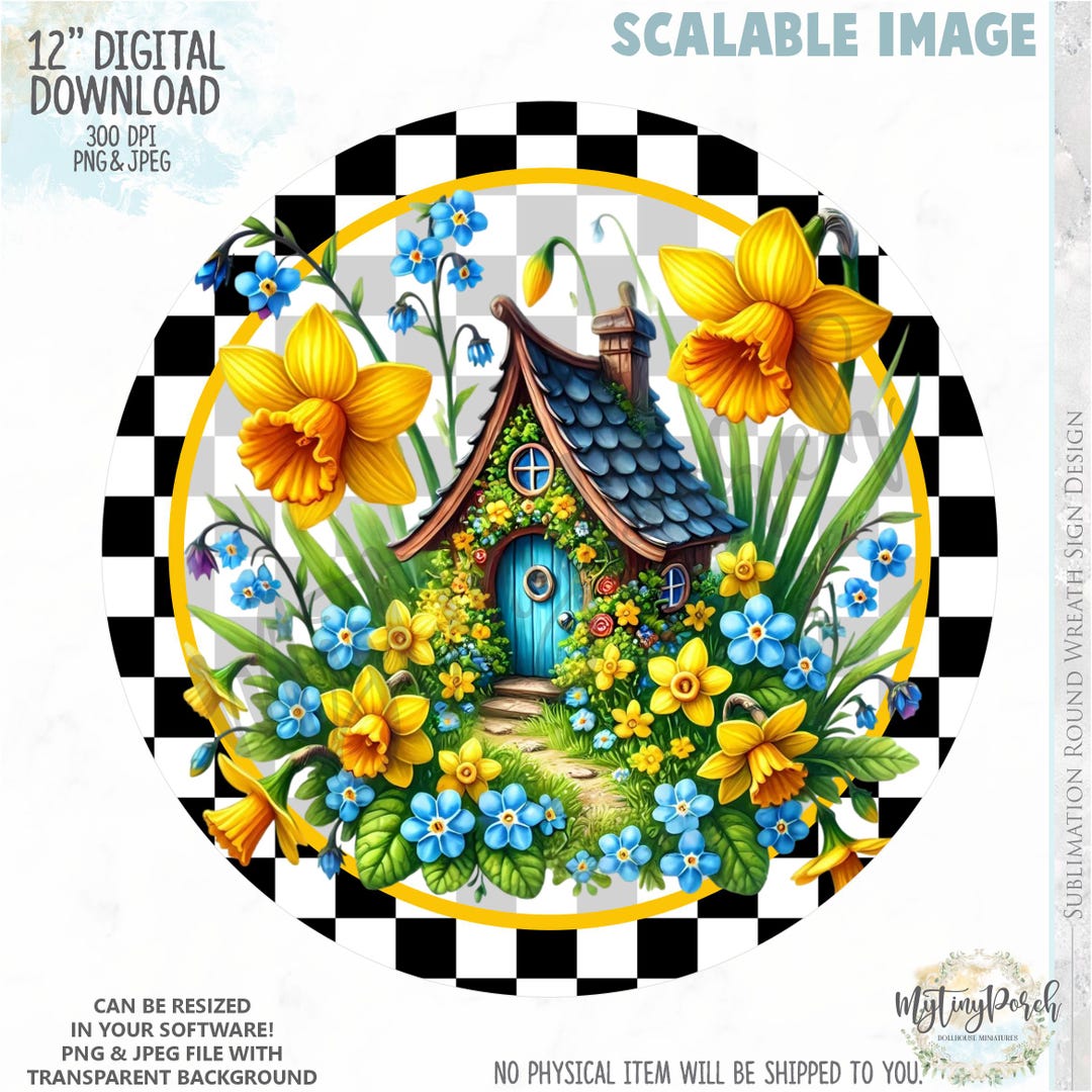 Spring Fairy House Wreath Sign: Floral Checkerboard Design (PNG, JPEG ...