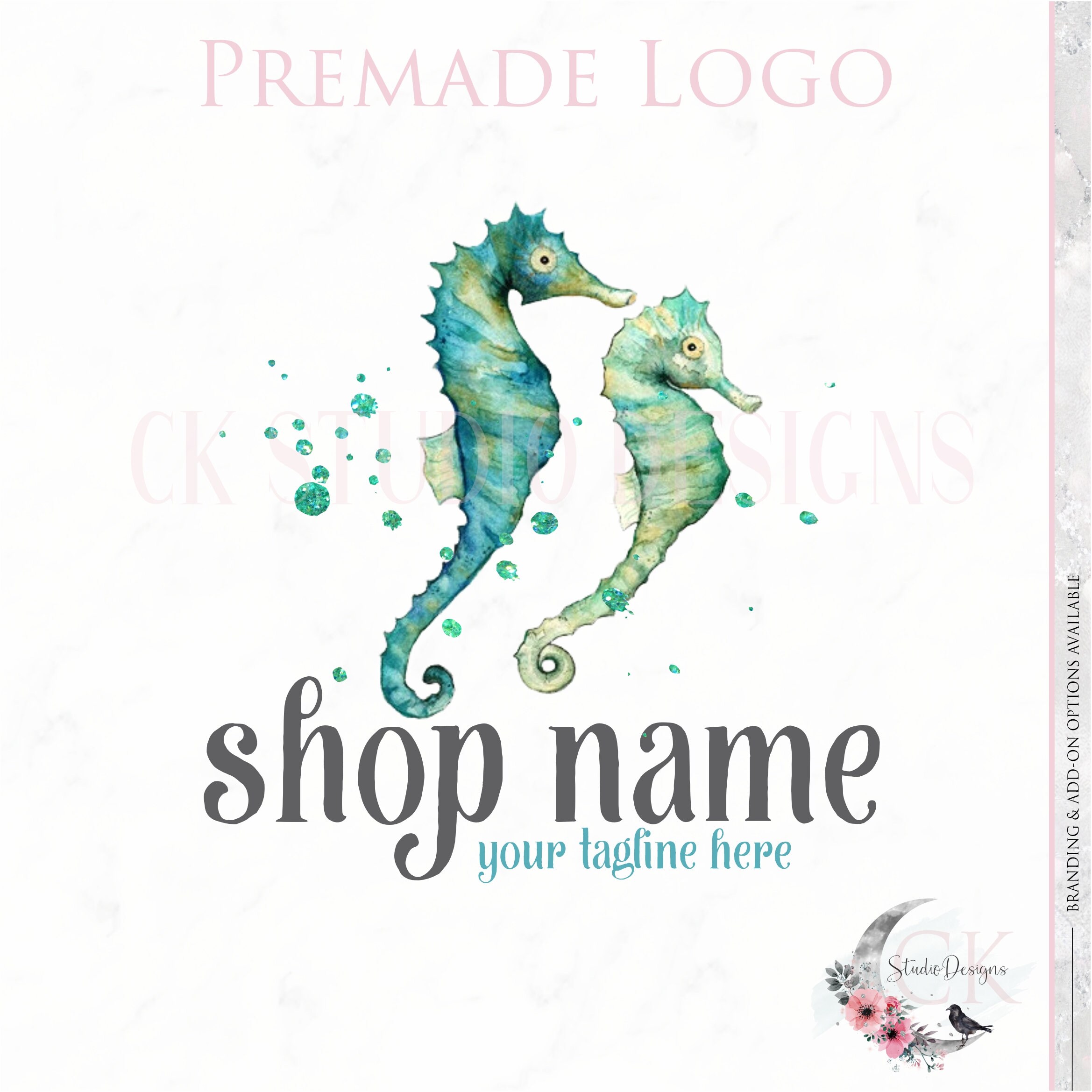 Premade Logo Watermark Seahorse Logo Sea Beach Logo Watercolor Sea Logo ...
