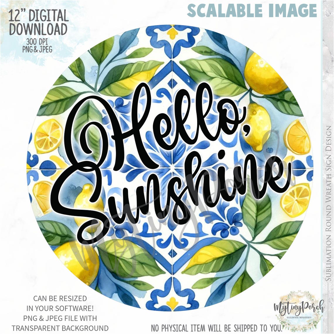 Lemon Wreath PNG: Hello Sunshine, Royal Blue & Yellow (digital Download ...