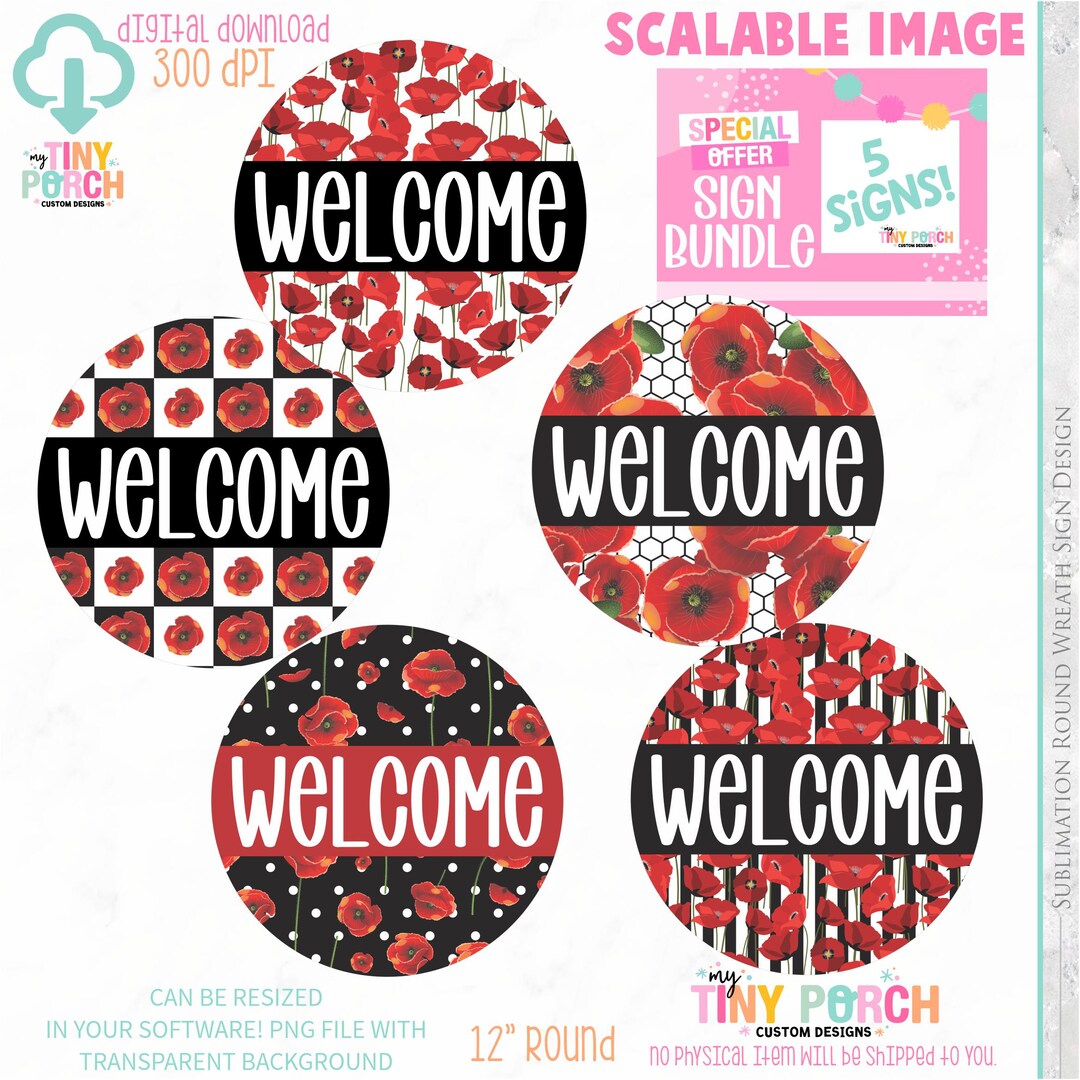 Poppy Floral Spring & Summer Bundle 5 PNG Round Wreath Signs 12x12 ...