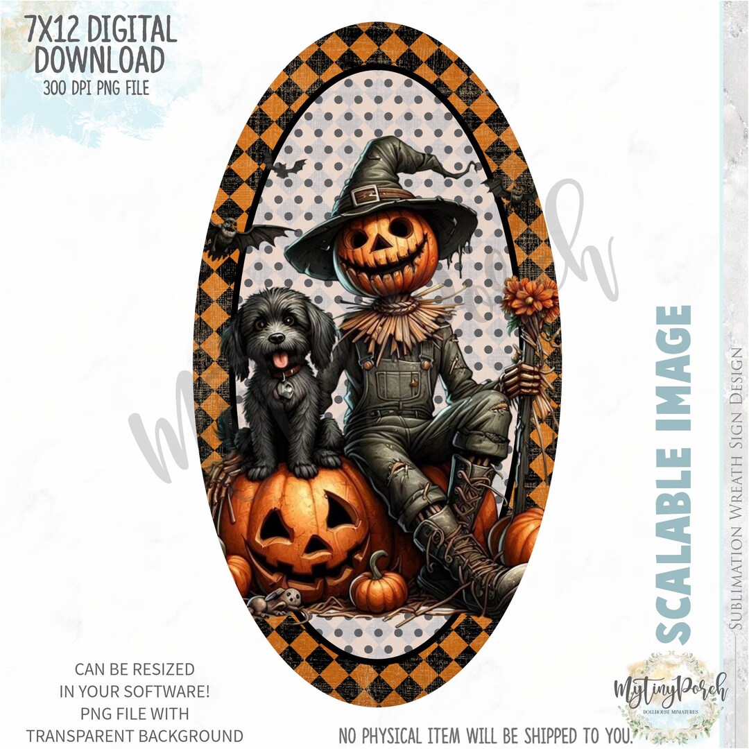 Oval Halloween Scarecrow PNG Sign, Halloween Dog Wreath Sublimation PNG ...