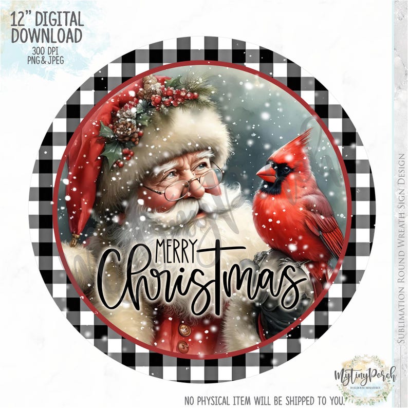 Santa & Cardinal Christmas Wreath Sign: PNG JPEG Digital Art (12 Inch ...