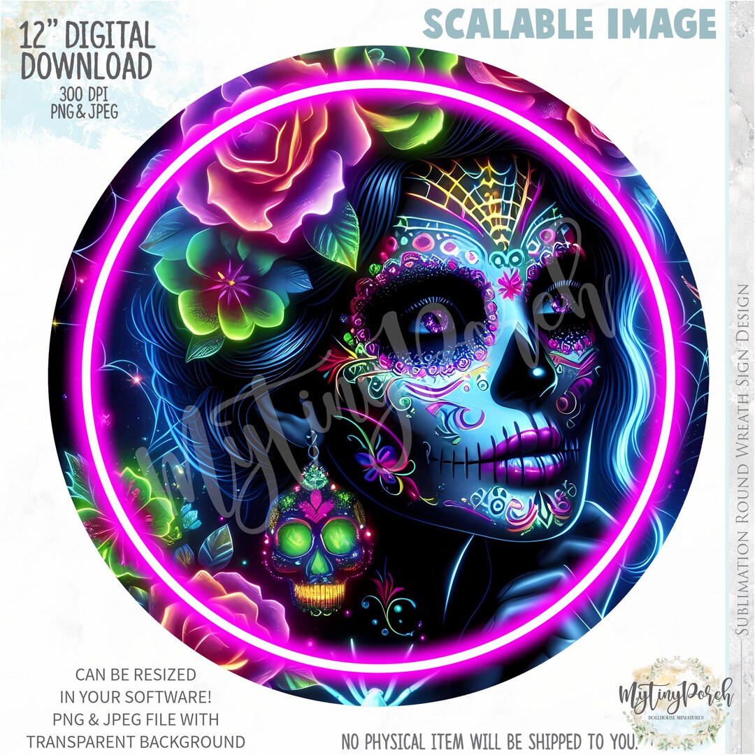 Neon Halloween Sugar Skull Wreath PNG: Sublimation Design (digital ...