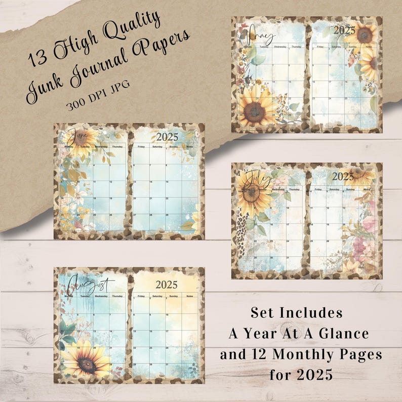 2025 Junk Journal Calendar - Sunflower Safari Leopard Print, 12 Monthly ...