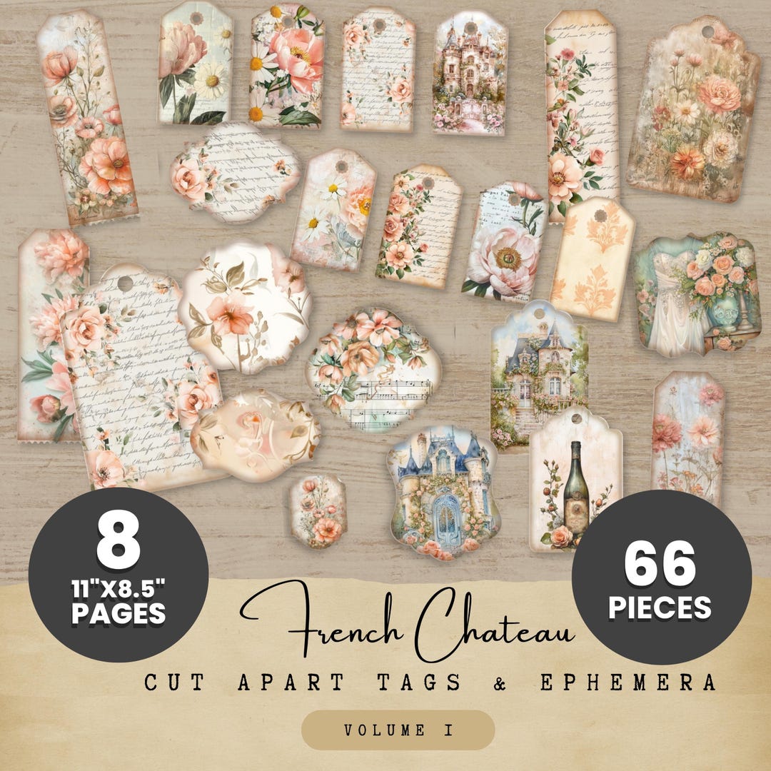 French Chateau Junk Journal Tags, Vintage Ephemera Cutouts, Floral ...
