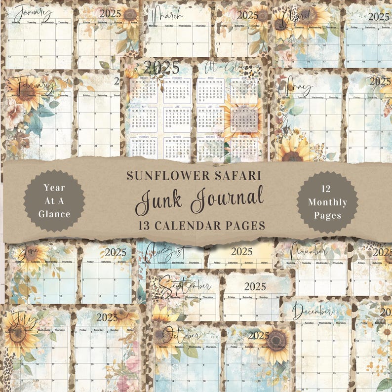 2025 Junk Journal Calendar - Sunflower Safari Leopard Print, 12 Monthly ...