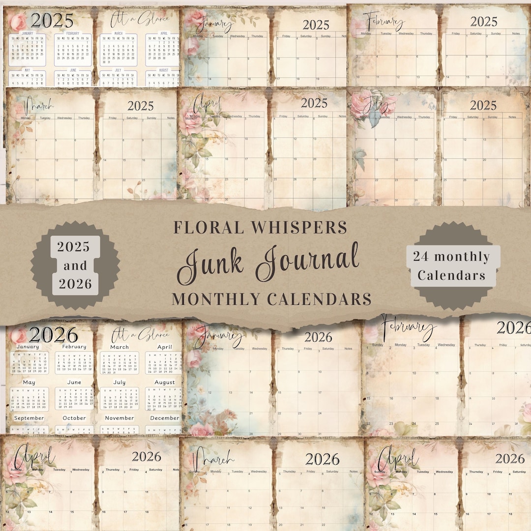 2025-2026 Junk Journal Calendar Pages, Floral Whispers Vintage Rose ...