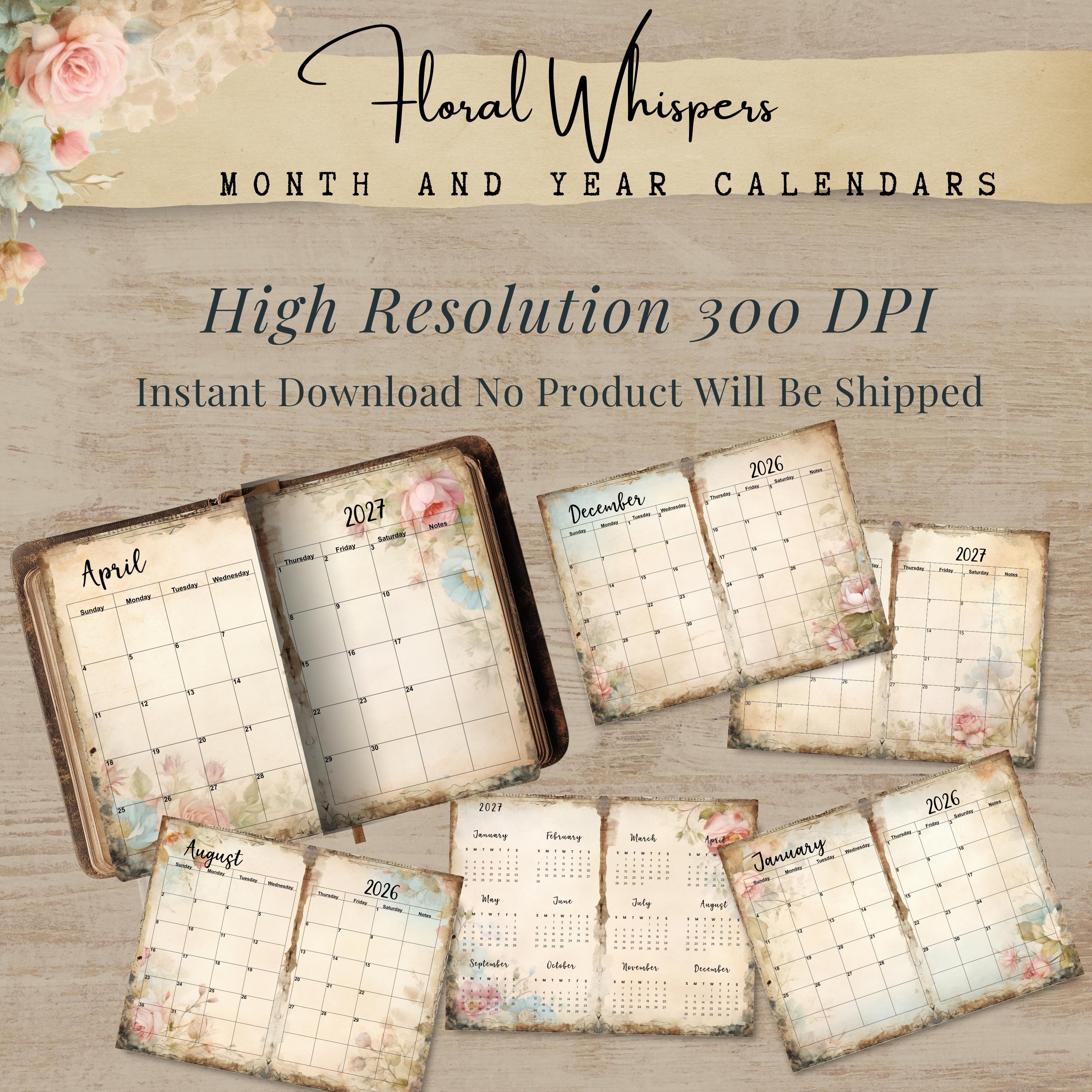 2026-2027 Junk Journal Calendar Pages, Floral Whispers Vintage Rose ...