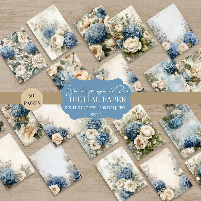 Blue Hydrangea and Roses Digital Paper Set 2- Vintage Floral Journal ...