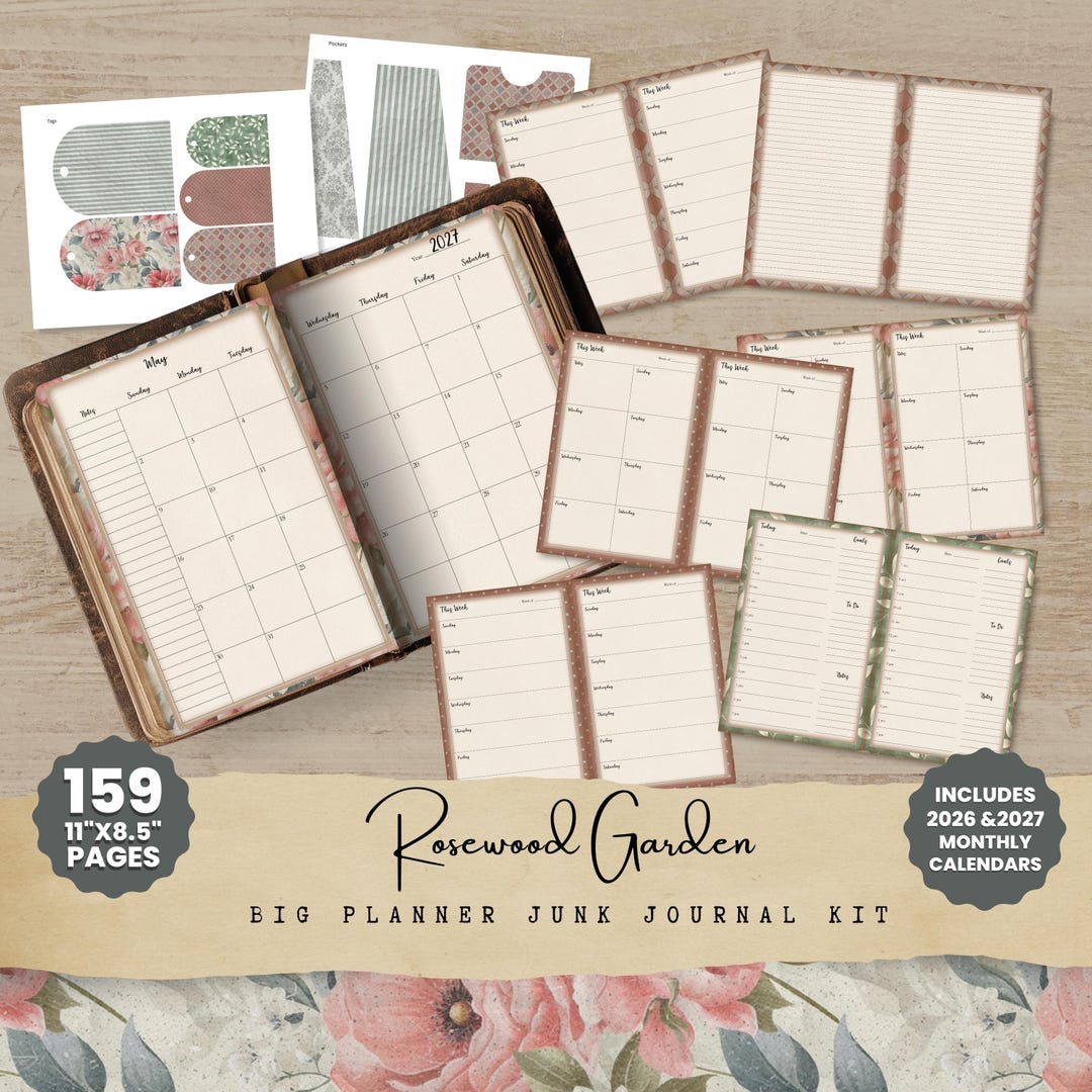 Big Junk Journal Planner Kit: Rosewood Garden Printables (US Letter ...