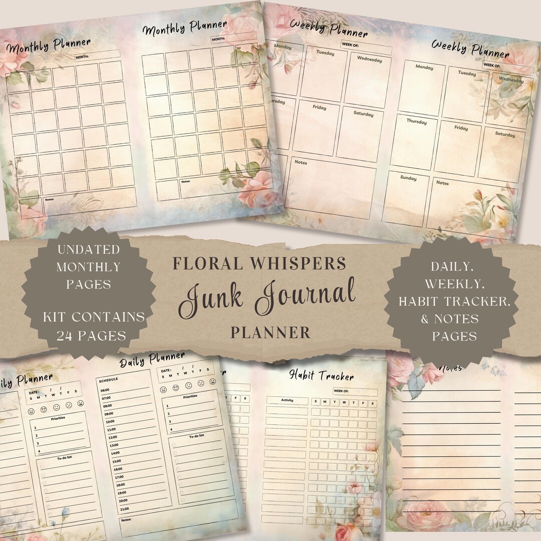 Undated Junk Journal Planner, Floral Whispers Vintage Printable Kit, 24 ...