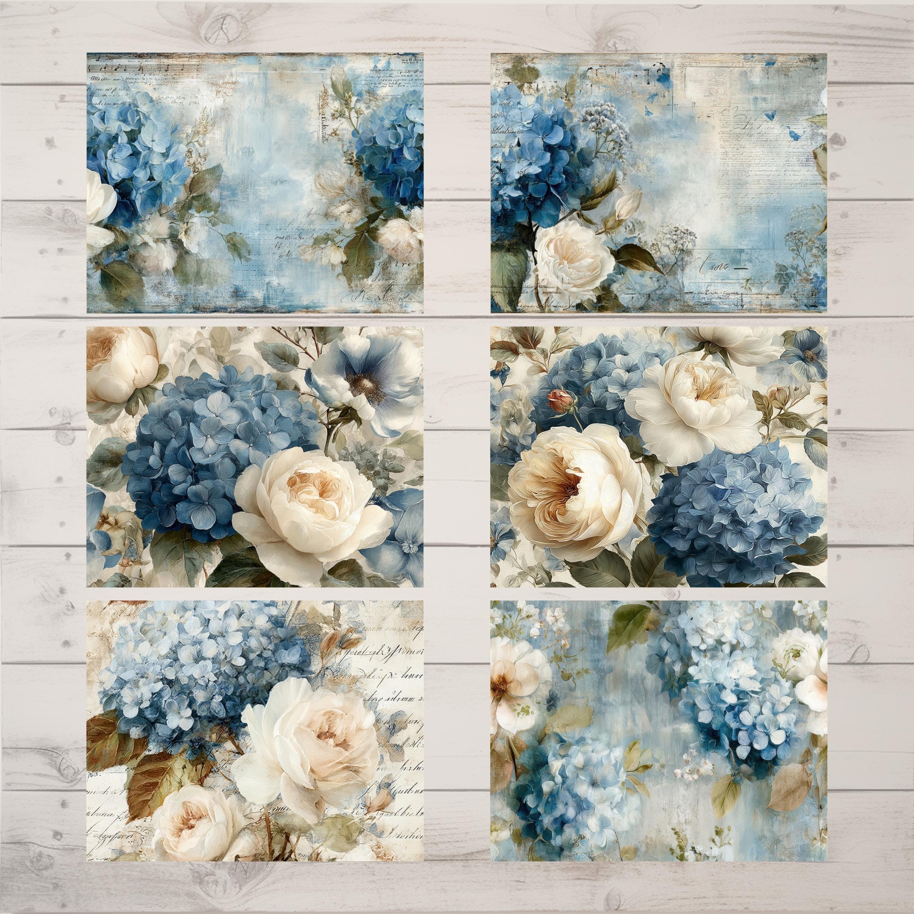 Blue Hydrangea and Roses Digital Paper Pack 20 Pages 11x8.5 Inch Junk ...