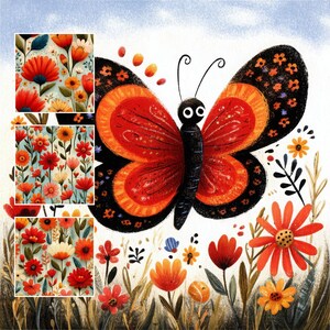 Folkart Ladybug Pattern Digital Paper, Butterfly Dragonfly Floral ...