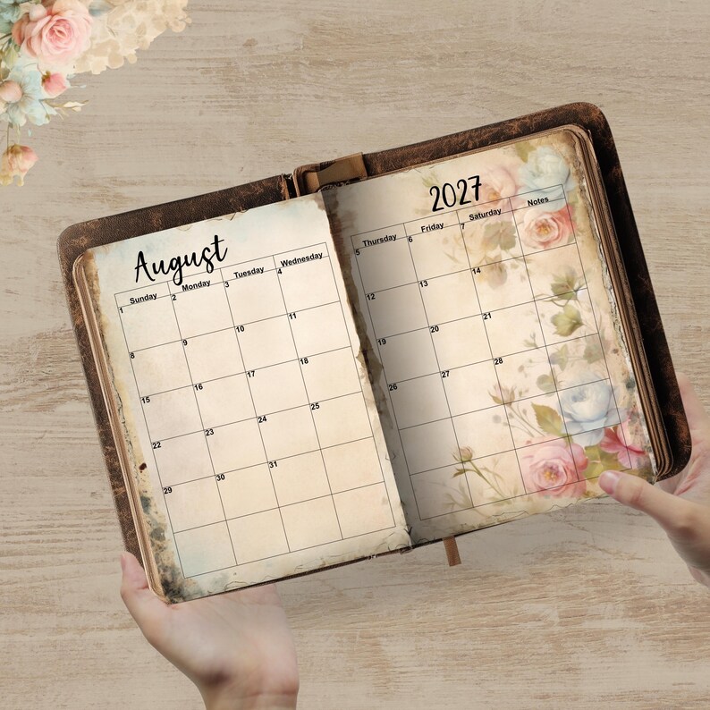 2026-2027 Junk Journal Calendar Pages, Floral Whispers Vintage Rose ...